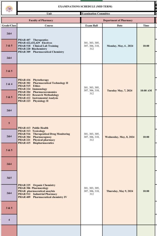 Midterm makeup exam schedule for grades 2-5 | Pharmacy Faculty Midterm makeup exam schedule for grades 2-5 | Pharmacy Faculty